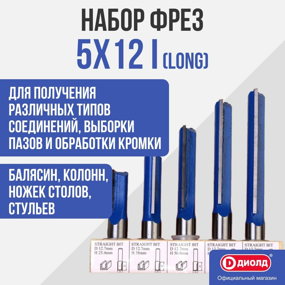 Набор фрез Диолд 5x12 I (long) (5 шт, диаметр хвостовика 12 мм)