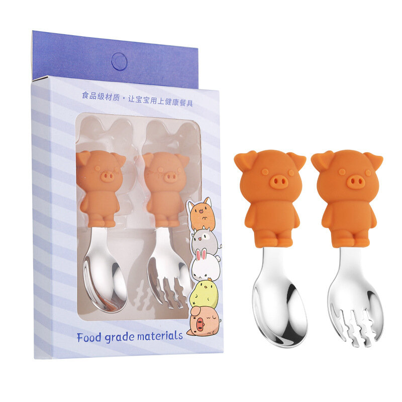 Набор детских ложки и вилки из нержавеющей стали 304 с коричневой свинкой, детское питание, 2 предмета