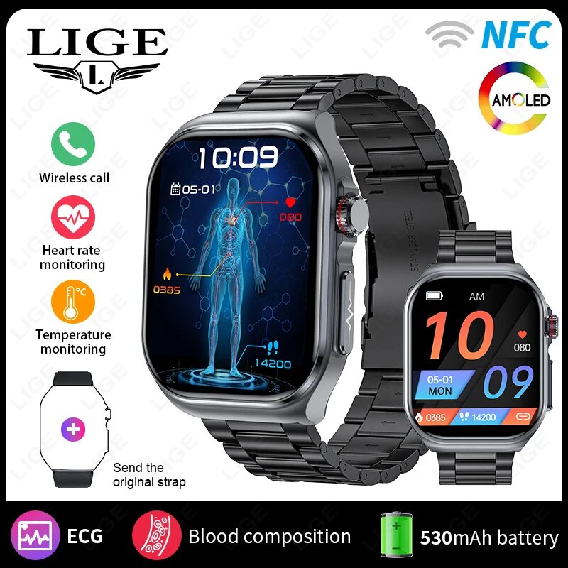 Умные часы LIGE ET585 AMOLED для мужчин и женщин Черный, Steel strip Black