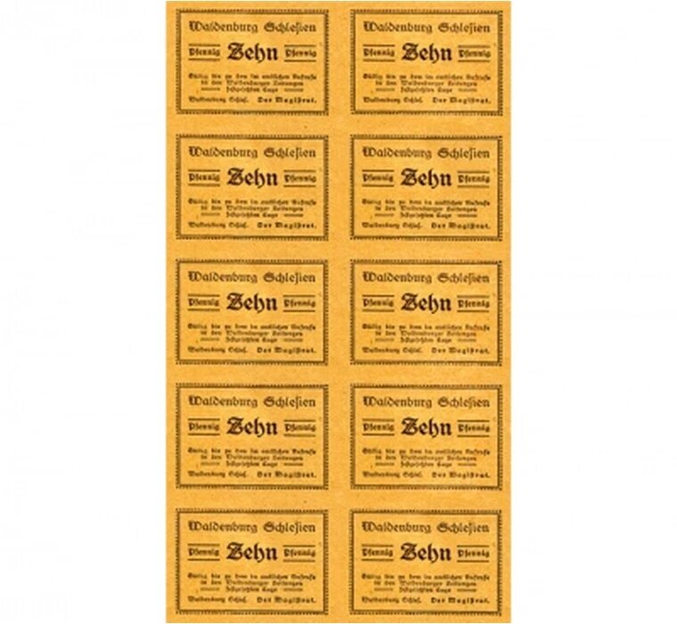 Нотгельд 10 пфеннигов 1921 Германия, Вальденбург, сувенирная копия сцепки, банкноты и купюры редкие коллекционные