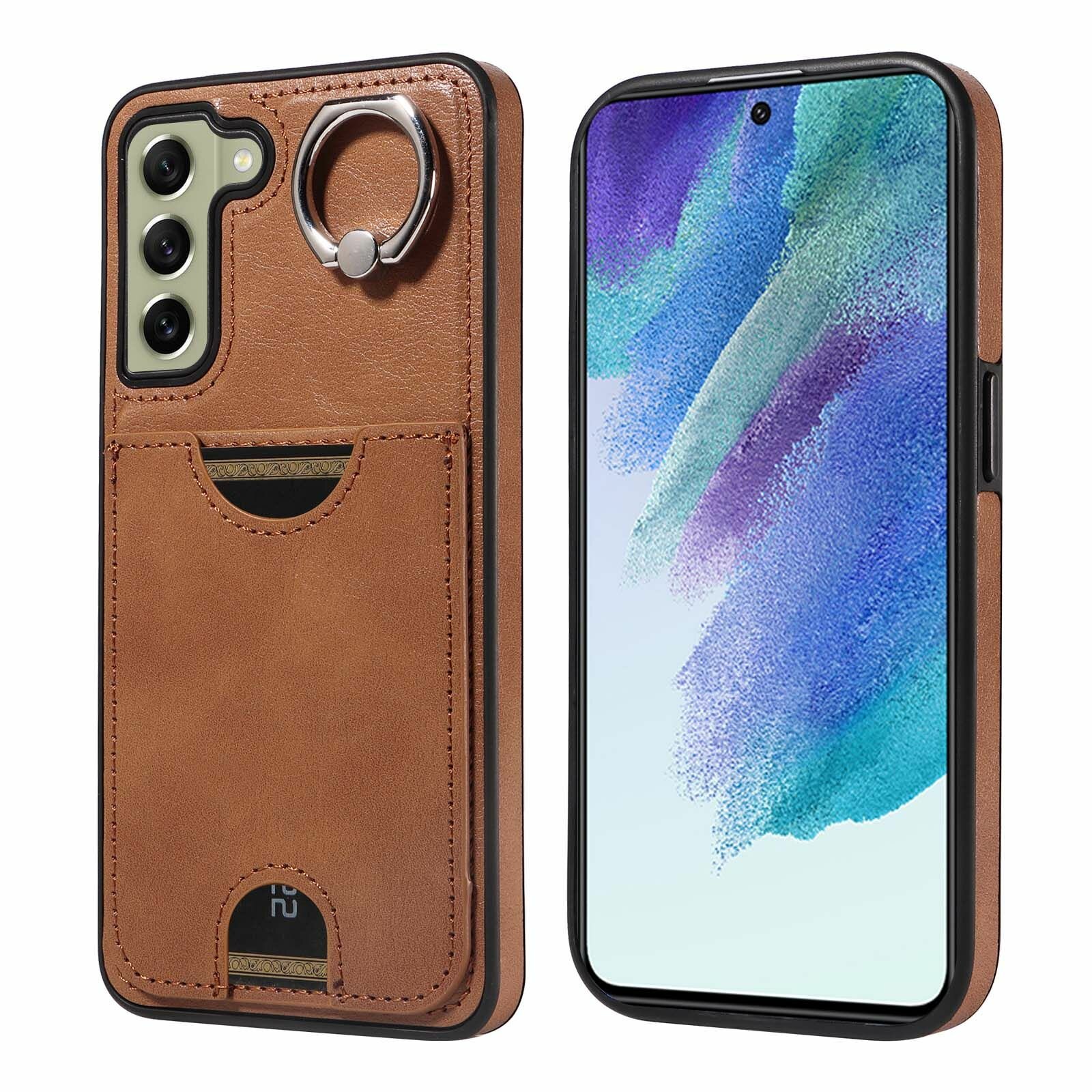 YIKATU Кожаный Чехол Для Samsung Galaxy S21 FE (Самсунг Галакси С21 ФЕ, S21FE) С Карманом / Картхолдером, С Кольцом Подставкой