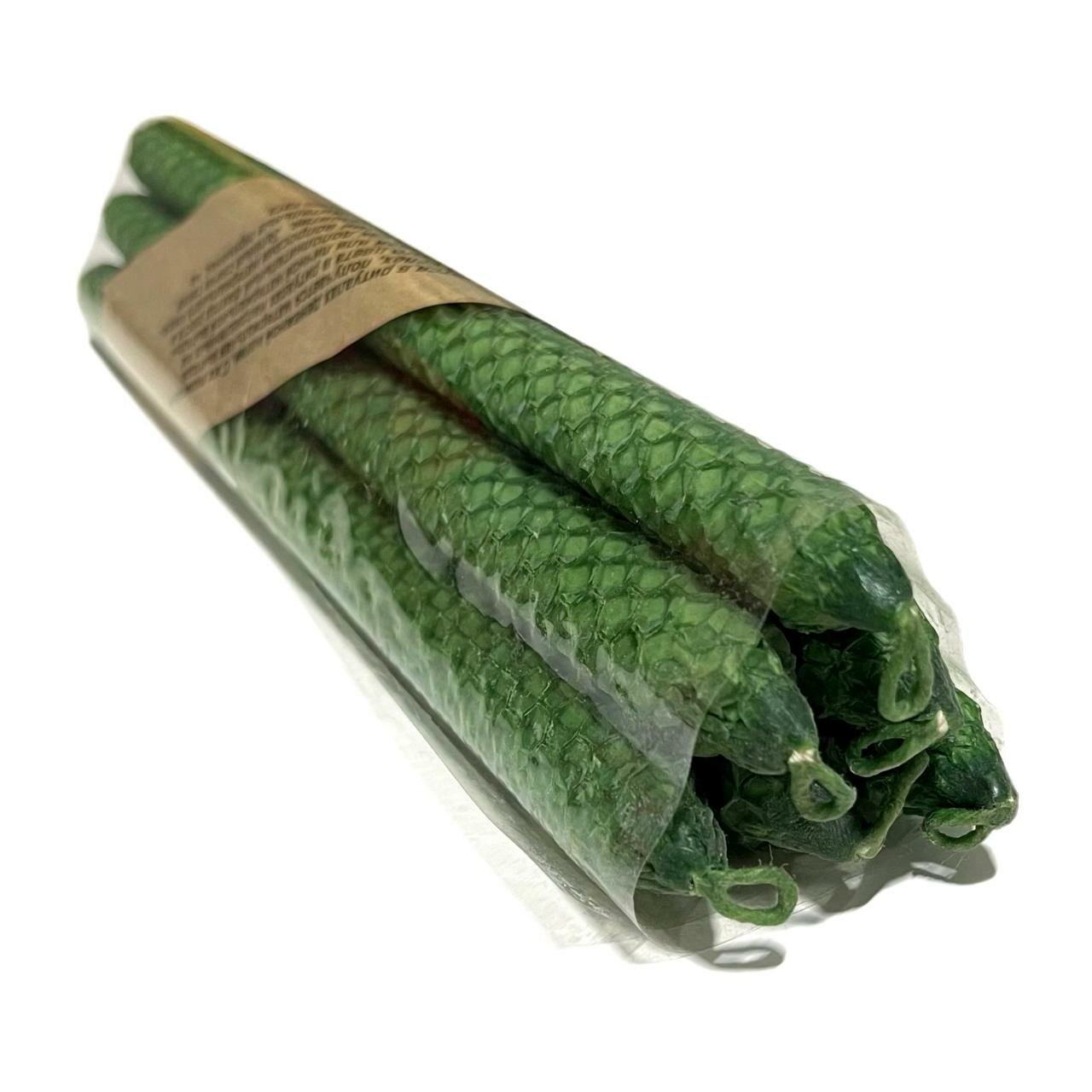 Свеча из цветной вощины зелёная, Медовые свечи Сибири (с описанием, большая, 26*1,8 см.), набор 6 шт.