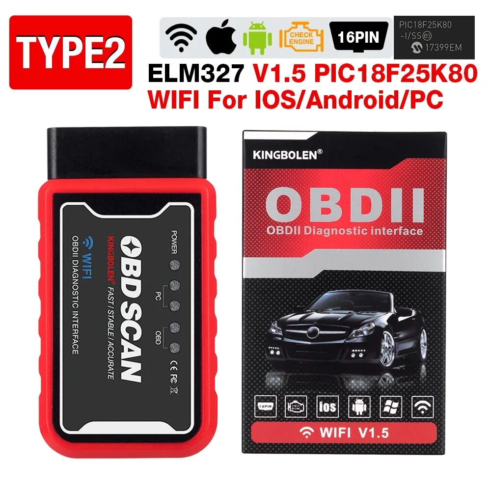 ELM327 V1.5 OBD2 сканер Type2 WIFI для iOS/Android/PC