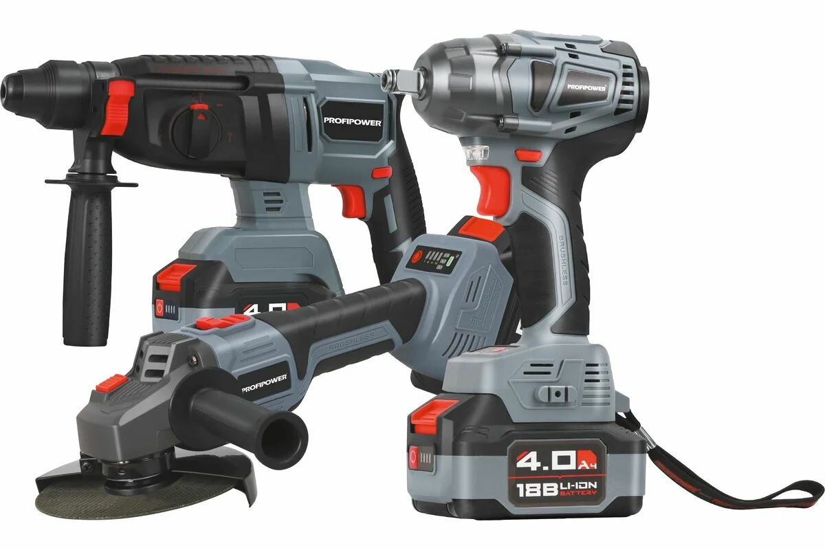 Аккумуляторный бесщеточный набор 3в1 Profipower УШМ MKDGA-18V, гайковерт MKDTW-18V, перфоратор MKDHR-18V (Li-ion-2шт 18В, 4.0Ач, З/У) E0095
