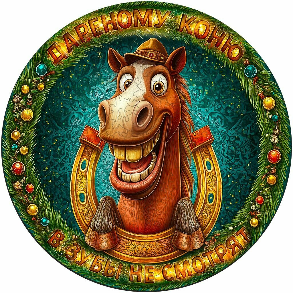 Деревянный пазл BoberBox "Дарёному коню в зубы не смотрят", круглый