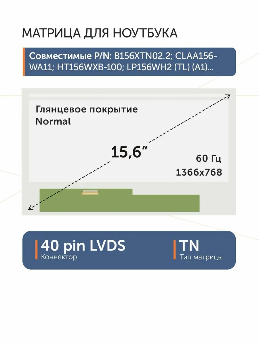 Матрица 15,6" N156B6-L0B Rev. C1, 40 pin LVDS, Normal, 1366x768, TN, глянцевая, без креплений