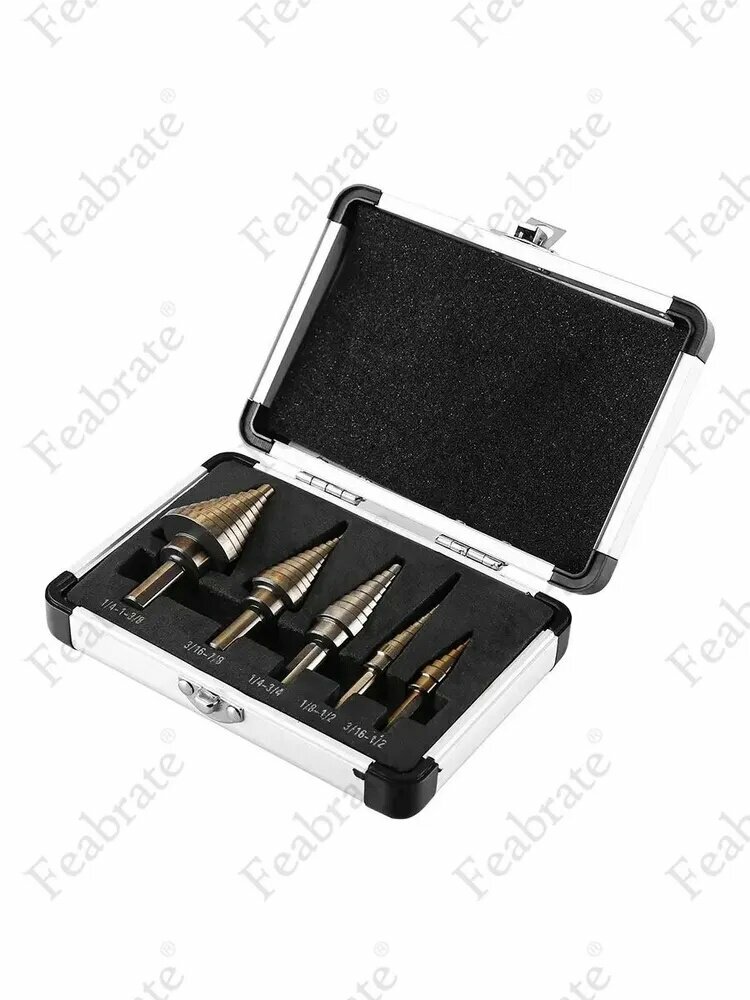 Набор ступенчатых сверл по металлу с титановым покрытием в кейсе 5шт (6-35, 5-22, 6-19, 5-13, 3-12мм)/сверло ступенчатое по металлу/трехгранный хвостовик