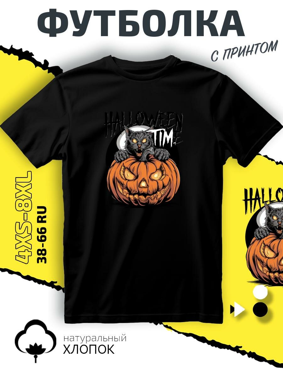 Футболка Хэллоуин Тайм черный кот и тыква
