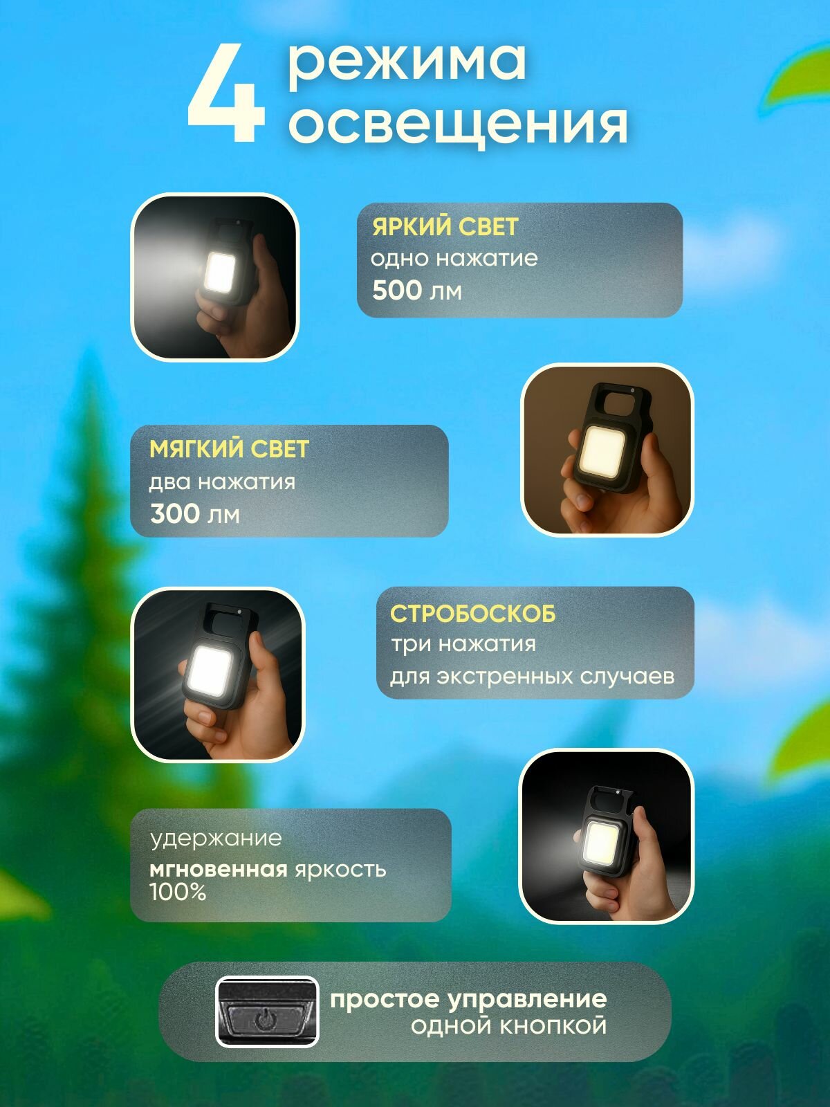 Карманный фонарик брелок, металлический корпус, с открывашкой, карабином, магнитом и подставкой, 4 режима работы