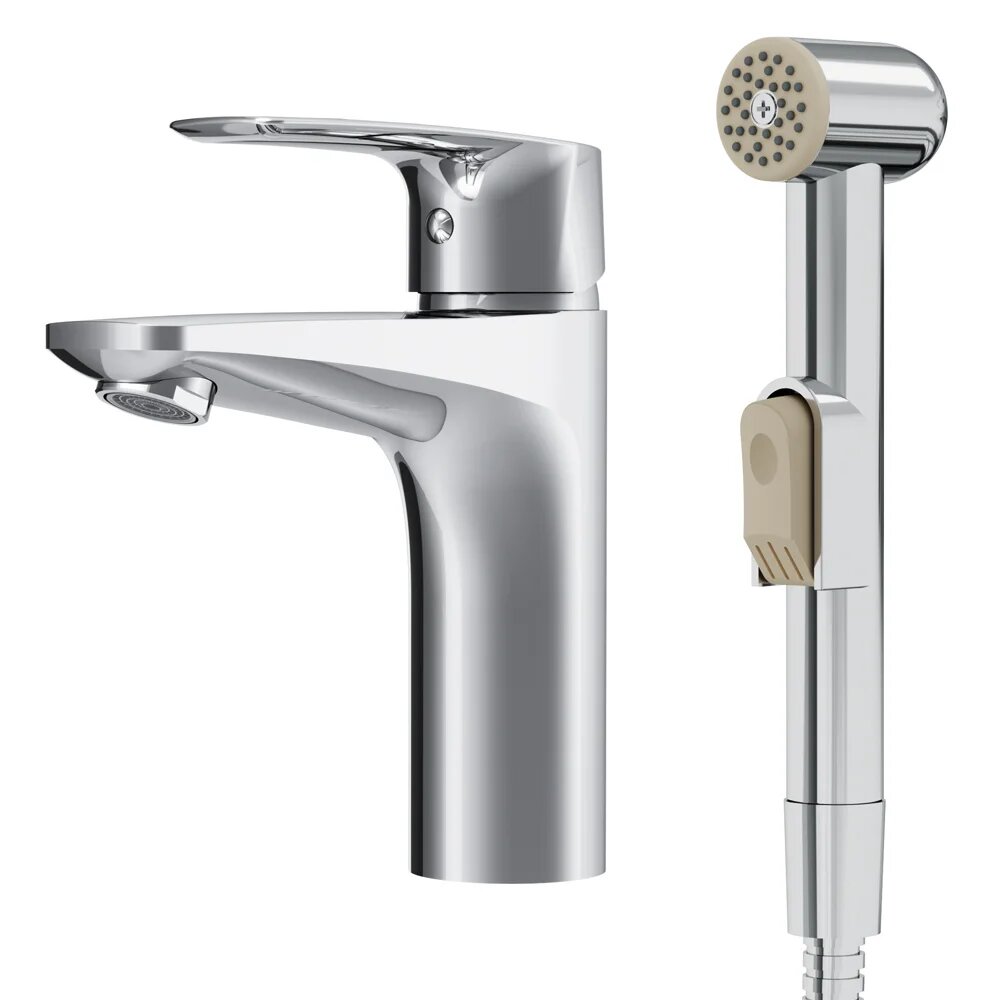 Комплект для раковины AM.PM Gem F90A03000 хром, глянцевый, кран для ванной в раковину, из латуни, рычажный, с керамическим картриджем, с гигиеническим душем