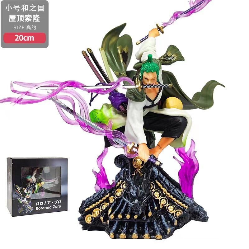 Дропшиппинг фигурки Зоро в кимоно и с тремя мечами в стиле трех мечей из аниме One Piece, расположенной на крыше здания в Вано.