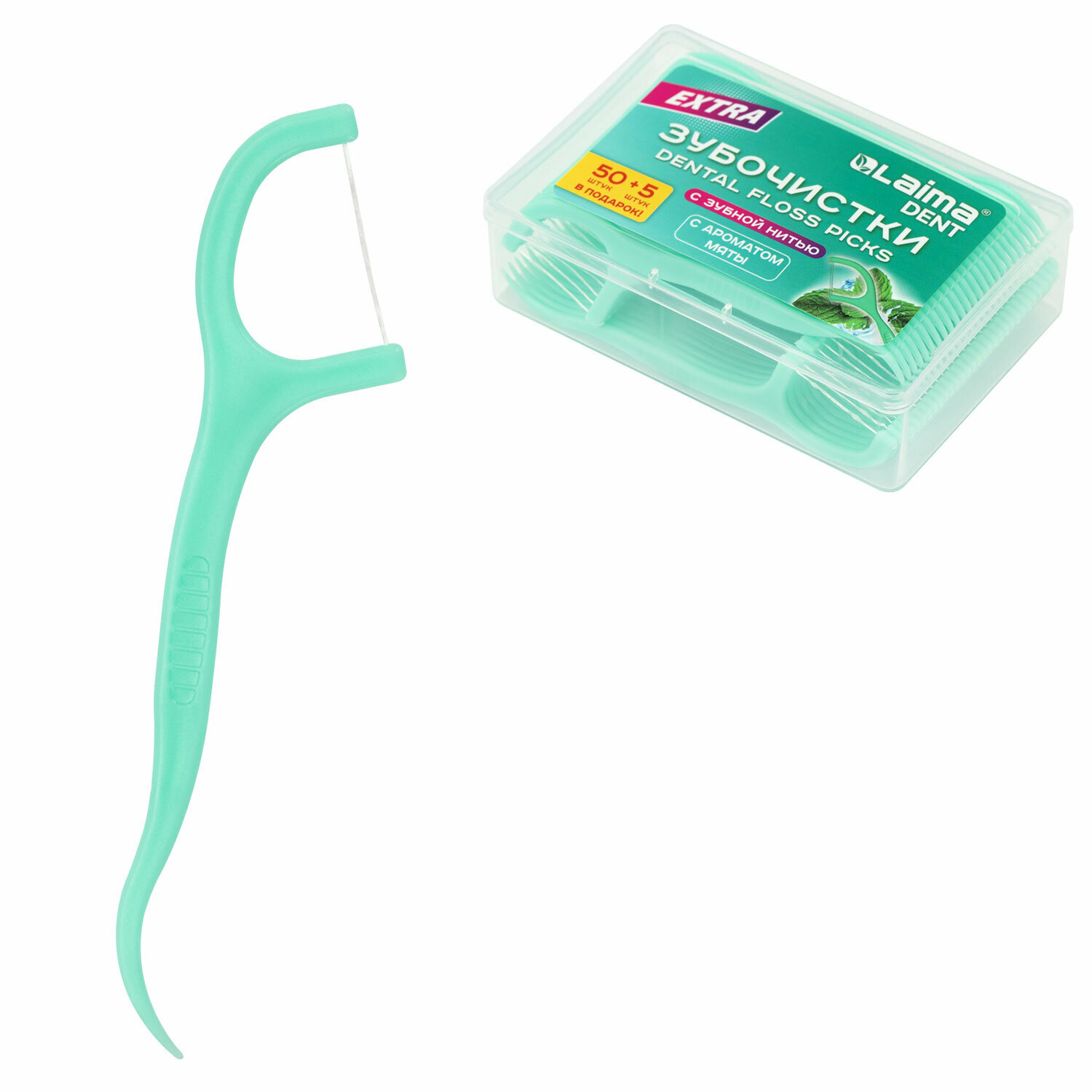 Набор зубочисток LAIMA с зубной нитью, 50+5 шт, в боксе, вкус мяты, флоссеры 609405