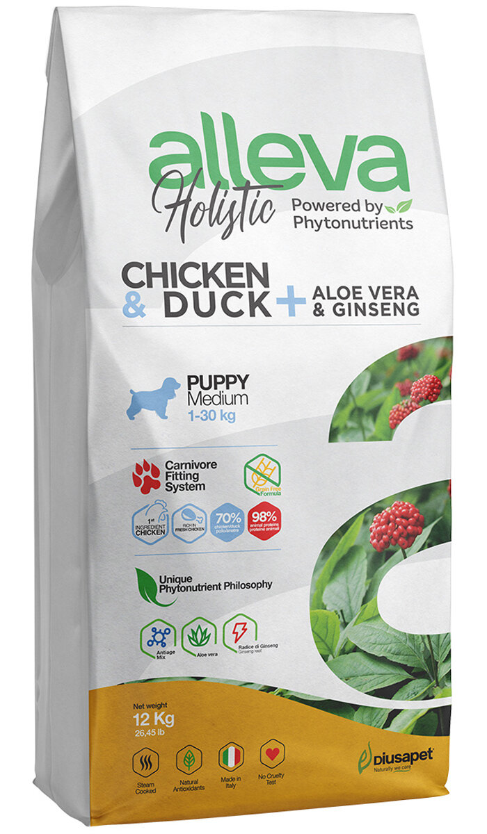 ALLEVA HOLISTIC PUPPY MEDIUM CHICKEN & DUCK безз дл щен сред пор с курица, утка, алоэ и женьшень 12 кг