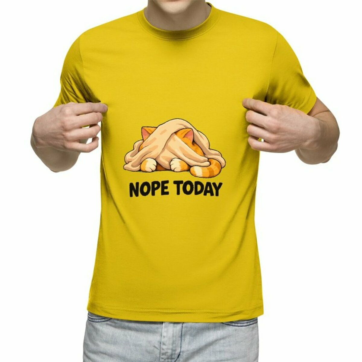 Мужская футболка «Кот спрятал голову NOPE TODAY» (желтый, L)