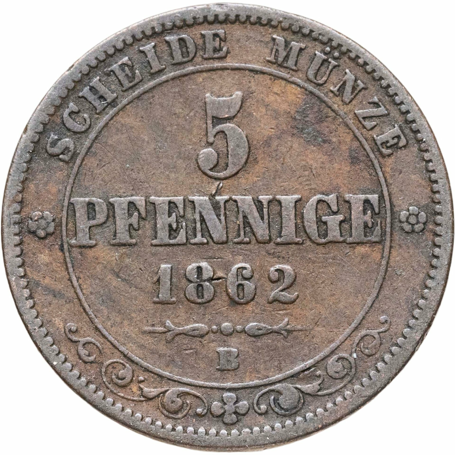 Германия Саксония 5 пфеннигов 1862 В, Медь, в сохранности VF