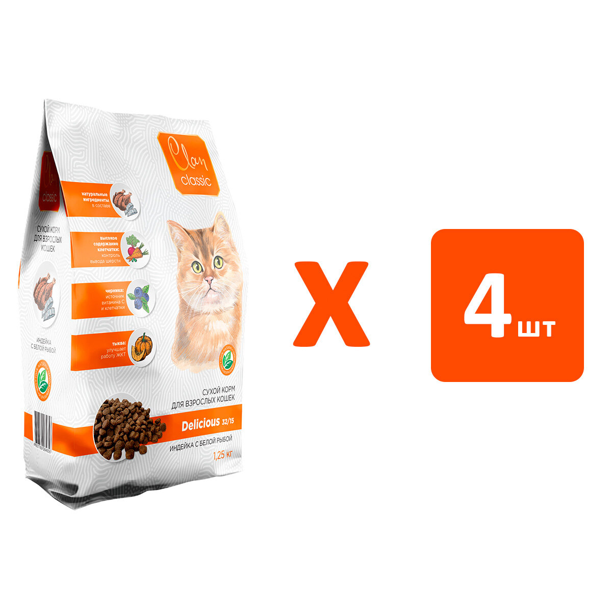 CLAN CLASSIC DELICIOUS 32/15 для взрослых кошек с индейкой и белой рыбой (1,25 кг х 4 шт)