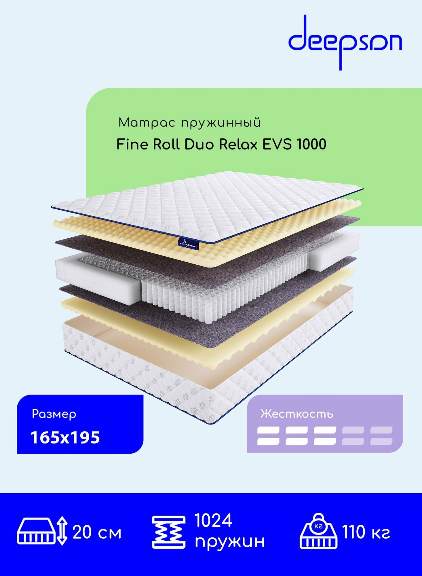 Матрас 165x195 ортопедический независимые пружины Deepson Fine Roll Duo Relax EVS 1000
