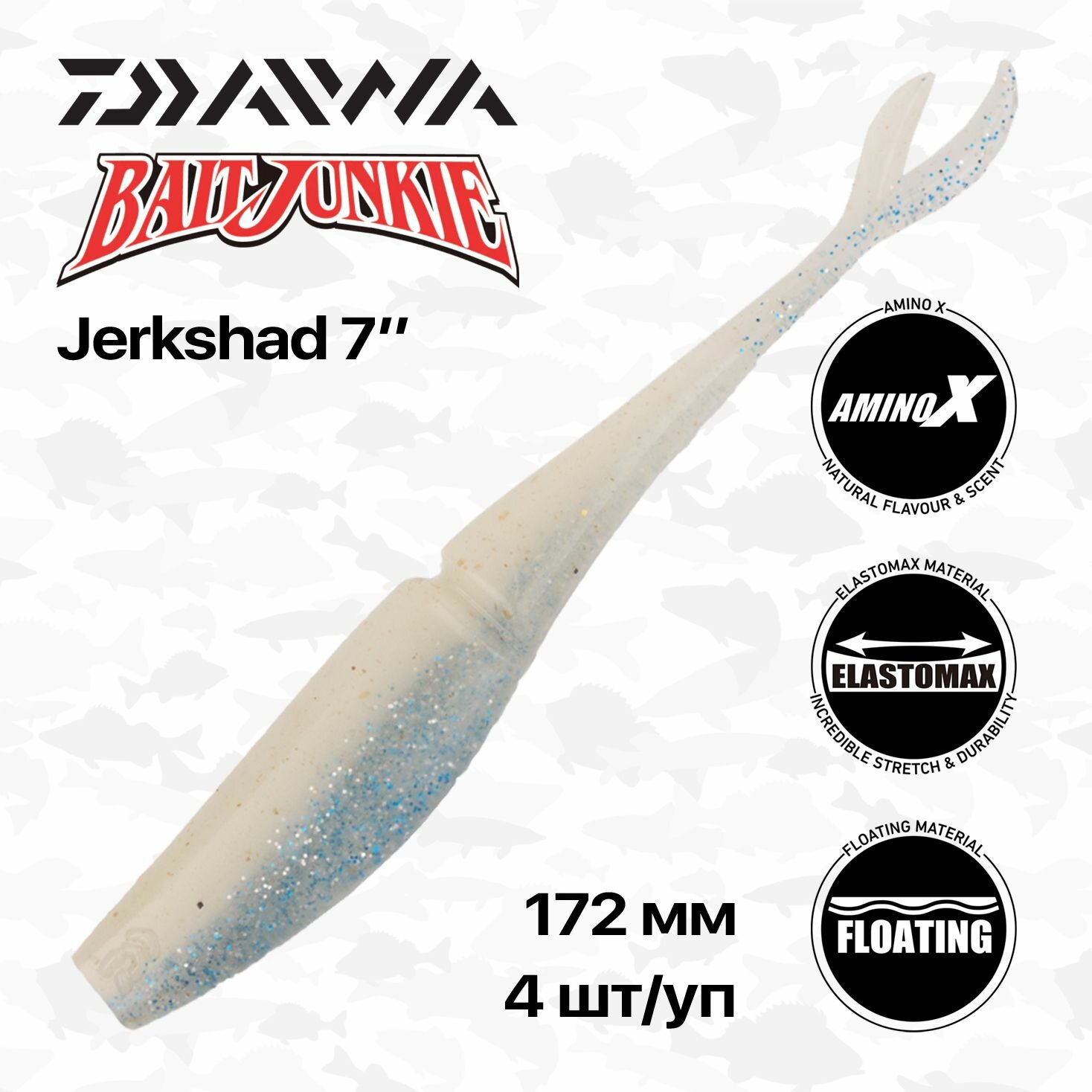 Мягкие приманки Daiwa Bait Junkie Jerkshad 7", 17,2 см, 4 шт/уп, #White Wash Glow