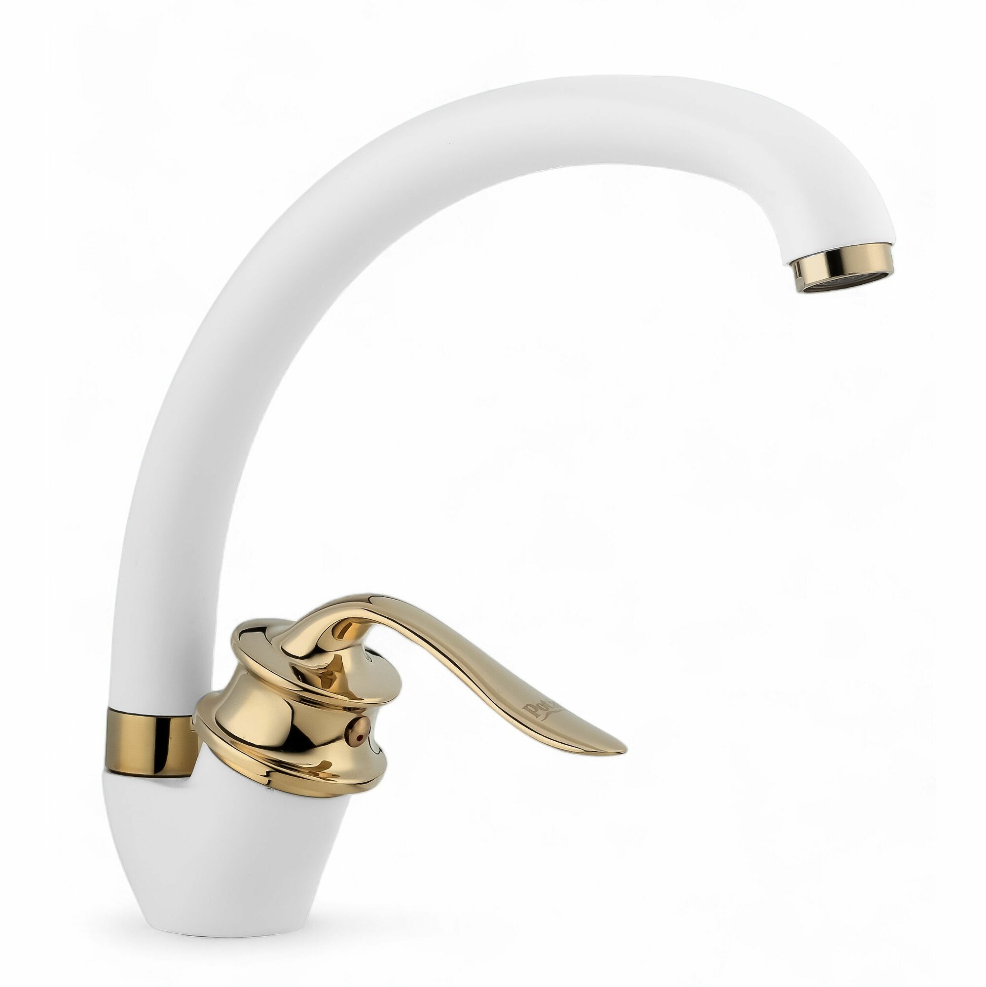 Смеситель для кухни белый с высоким поворотным изливом с золотой волнообразной ручкой