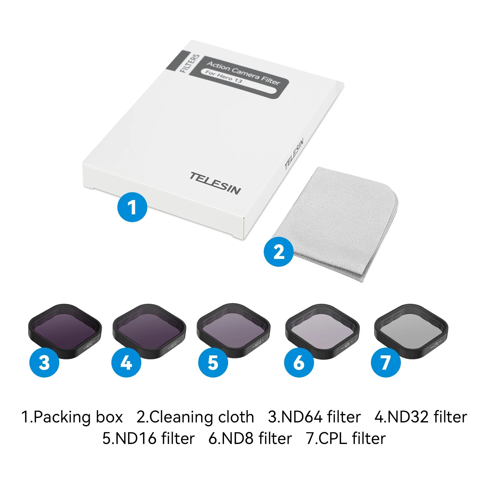 TELESIN Комплект фильтров ND8 ND16 ND32 ND64 CPL для GoPro Hero 13 CPL ND 8 16 32 64