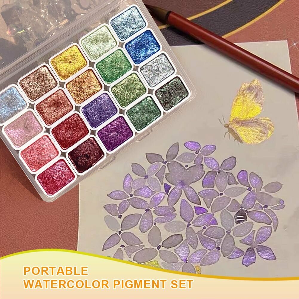 Набор сухих акварелей 20 цветов, перламутровые, с кистью и картой цветов, для живописи и творчества