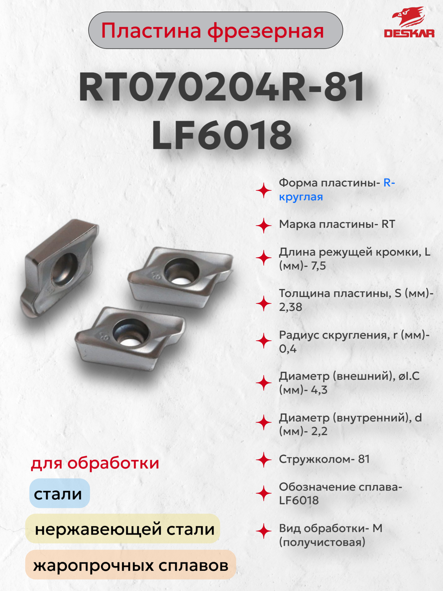 RT070204R-81 LF6018 пластина фрезерная (1 шт.) DESKAR 00-00022232