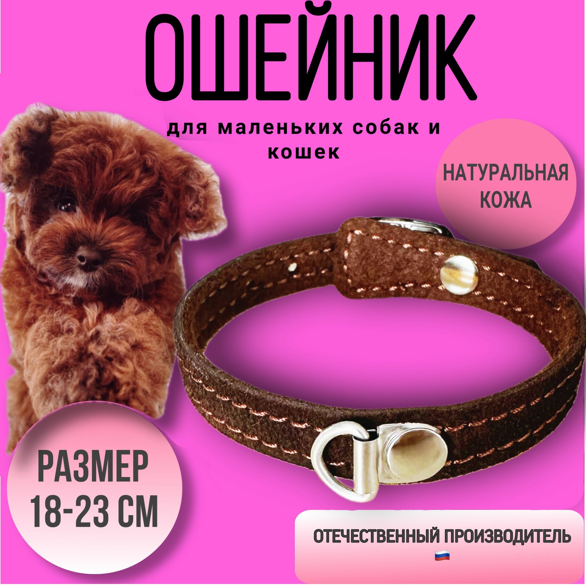 Ошейник из натуральной кожи для кошек, котят и собак мелких пород, обхват шеи 18-23см