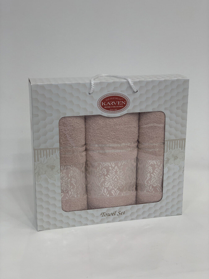 Комплект жаккардовых полотенец 50*90 (2 шт)+70*140 (1 шт) HS 1698 Pink Damaks V-5 Karven (пудра), Комплект полотенец (3 шт)