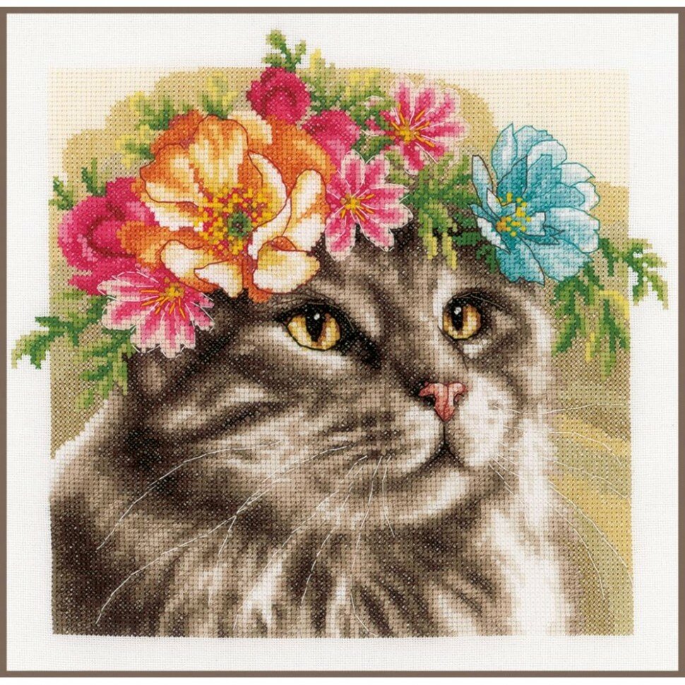 Набор для вышивания Lanarte #PN-0191867 Flower crown Maine coon (Цветочная корона Мей-кун), Счетный крест, 29 x 29 см