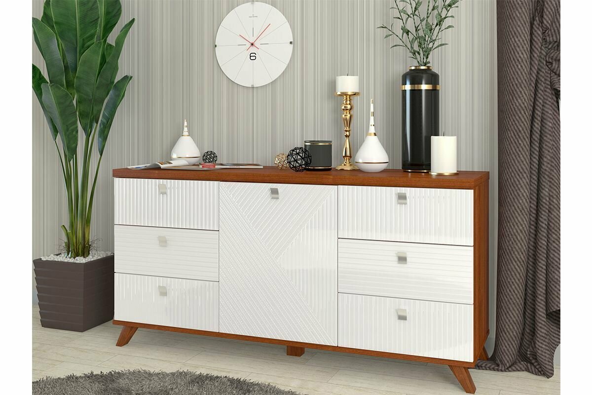 Комод Ренди 11 150х40х80 фасад МДФ с фрезеровкой белый DM635-6, корпус ноче мария луиза, ножка №1