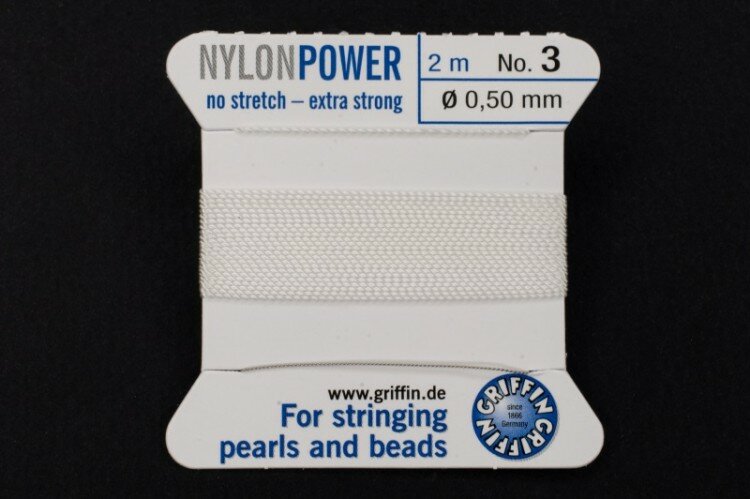 Нить для жемчуга и бисера Griffin с иглой, диаметр 0,5мм, длина 2м, цвет белый, 1030-194, 1шт