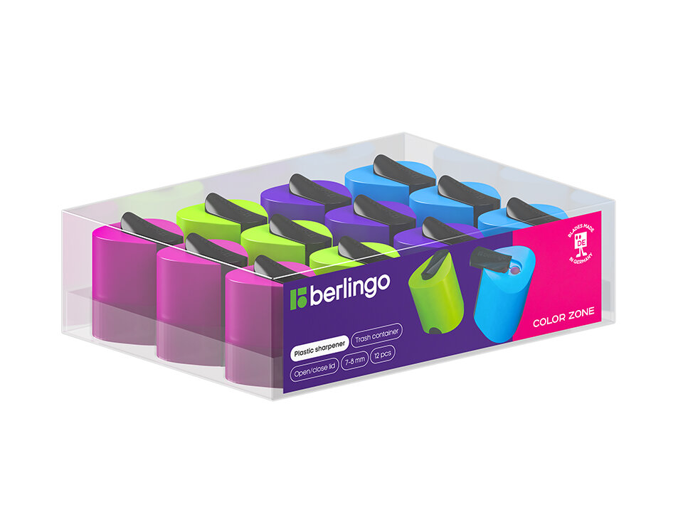 Комплект 12 шт, Точилка пластиковая Berlingo "Color Zone" 1 отверстие, контейнер, ассорти