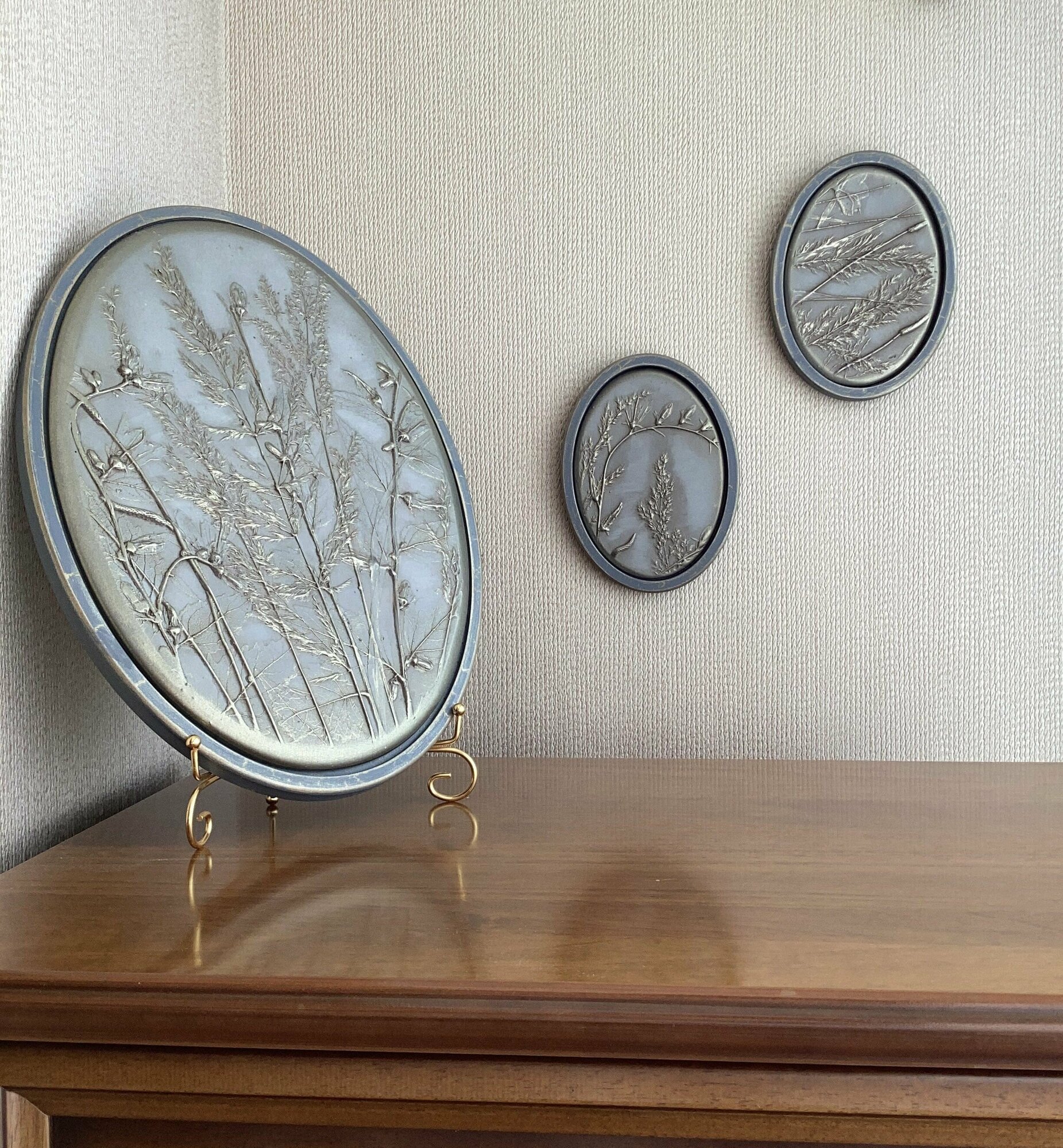 Панно из гипса, декор на стену, украшение интерьера, ботанический барельеф, Картина "Ночное поле", ручной работы, 40x30x1.5, 20x15x1.5 см (комплект из 3 предметов)