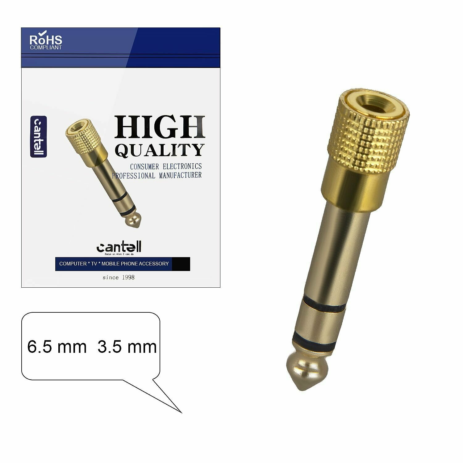 Переходник Jack 3.5 mm (мама) - Jack 6.3 (папа), стерео, золотой, гнездо 3.5 штекер 6.3