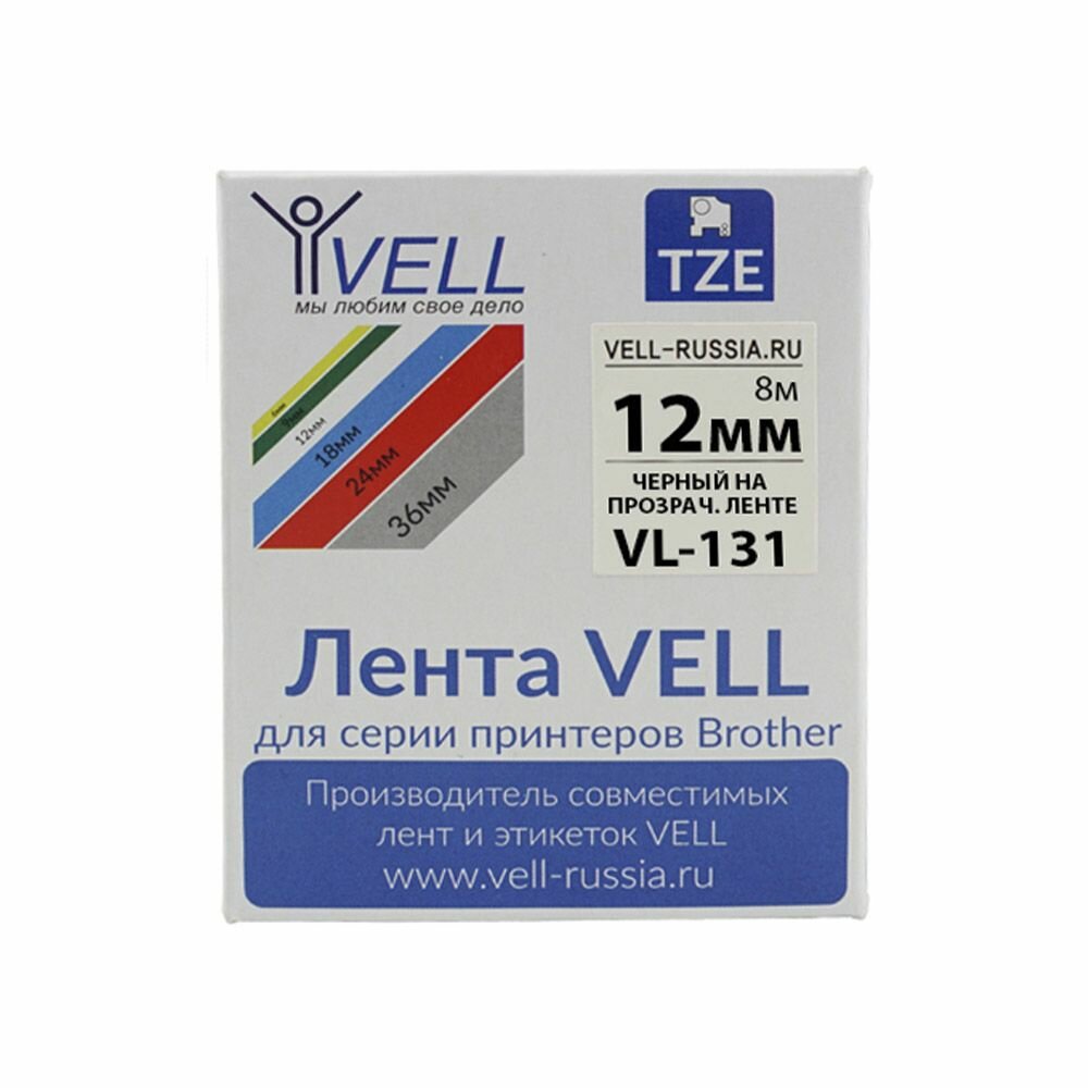 Лента Vell VL-131 (Brother TZE-131, 12 мм, черный на прозрачном)