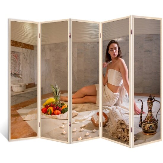 Ширма перегородка Декор Депо для комнаты деревянная "Хамам" двухсторонняя с картинкой (мода и красота) 5 створок кремовый дуб 176х230 см 18 кг