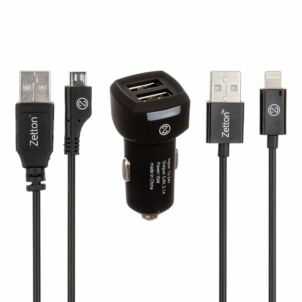 Комплект 3 в 1 АЗУ с двумя выходами USB 3,1А + кабели Apple 8 pin и Micro USB Zetton (ZTCC3A2UA8MC)