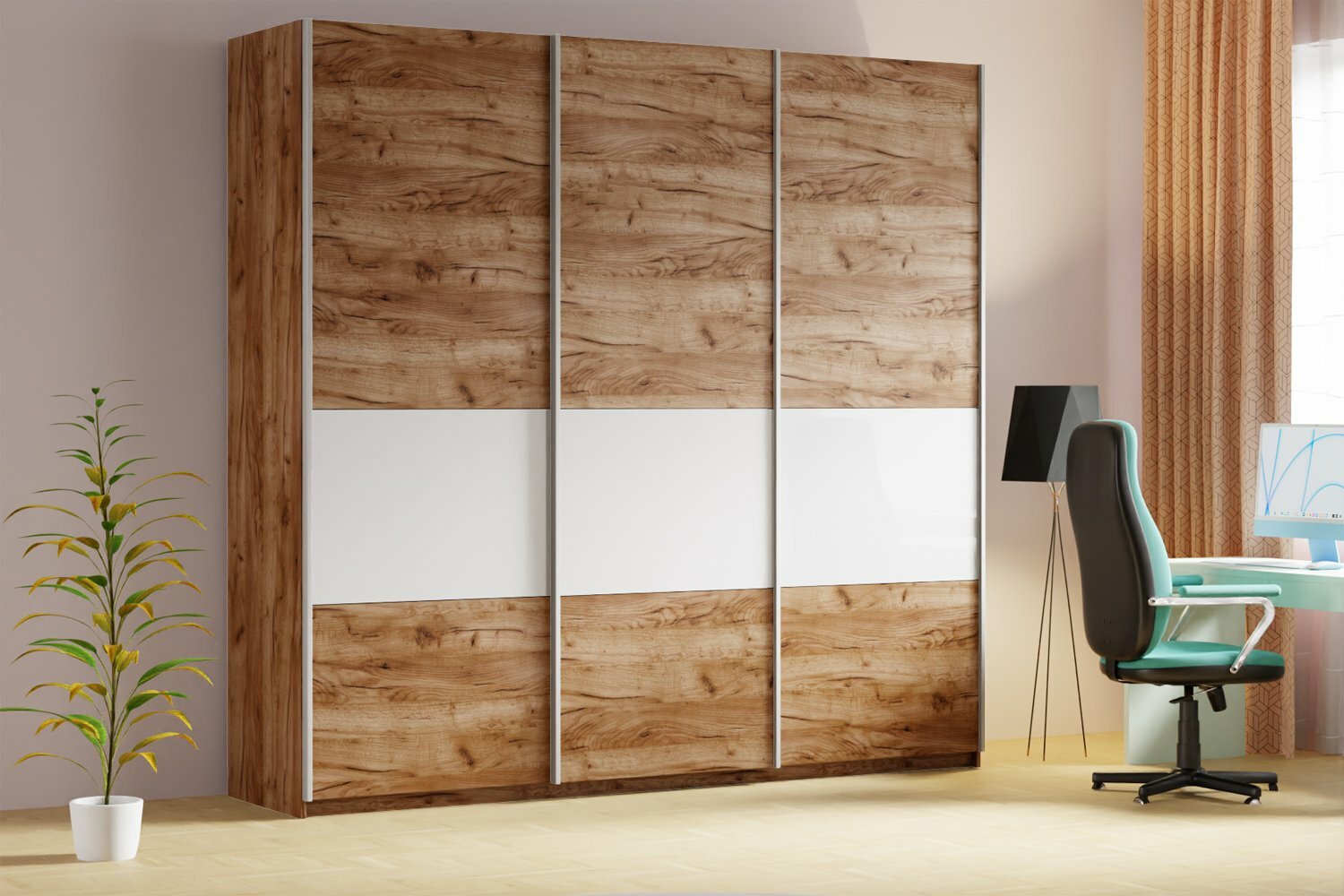 Шкаф-купе Прайм 3-x дв 240 x 230 x 57 широкий Лдсп Белое стекло Крафт табачный с доводчиками