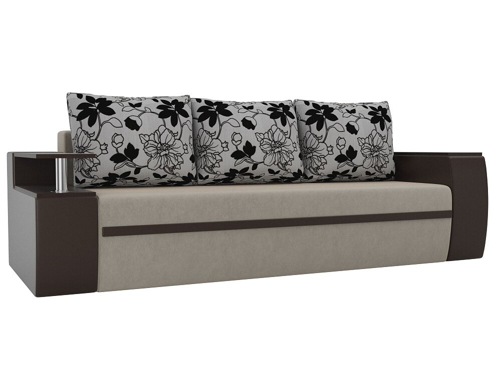 Прямой диван Майами Бежевый Флау Рогожка Экокожа, еврокнижка, 247х103х80 см, с ящиком для белья