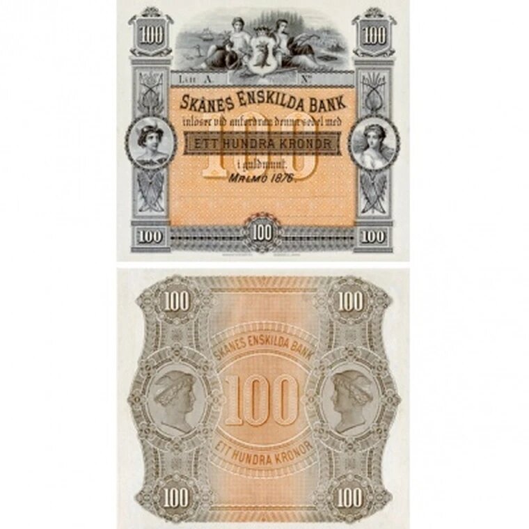 Швеция 100 крон 1876 банк Skanes Enskilda, сувенирная копия, банкноты и купюры редкие коллекционные