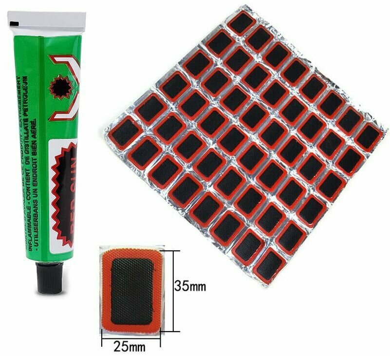 Набор для ремонта камер и шин 48 резиновых латок 35х25 мм с клеем 20 мл для велосипедов и авто