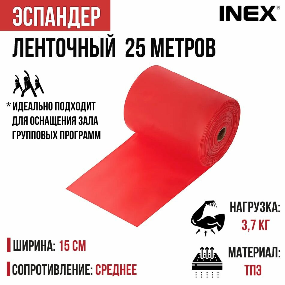 Фитнес резинка / Эспандер для пилатеса INEX Body-Band TPE, рулон 25 м, среднее сопротивление, красный