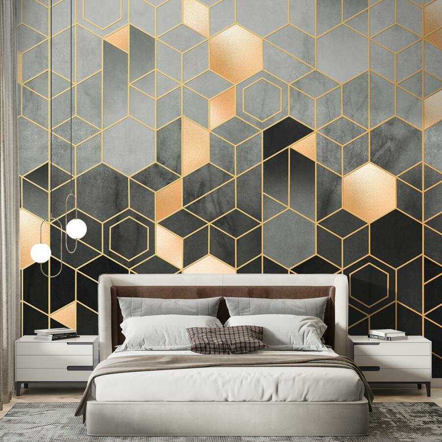 Фотообои Геометрия шестиугольники с золотом 9-1510-S-Холст 270 x 200 см (ВхШ) Бесшовные, флизелиновые, влагостойкие обои MasterFresok