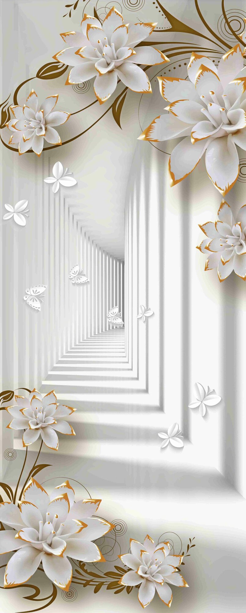 Фотообои на стену антивандальные 100х270см Тоннель и цветы 3D винил на флизелине зеркальные