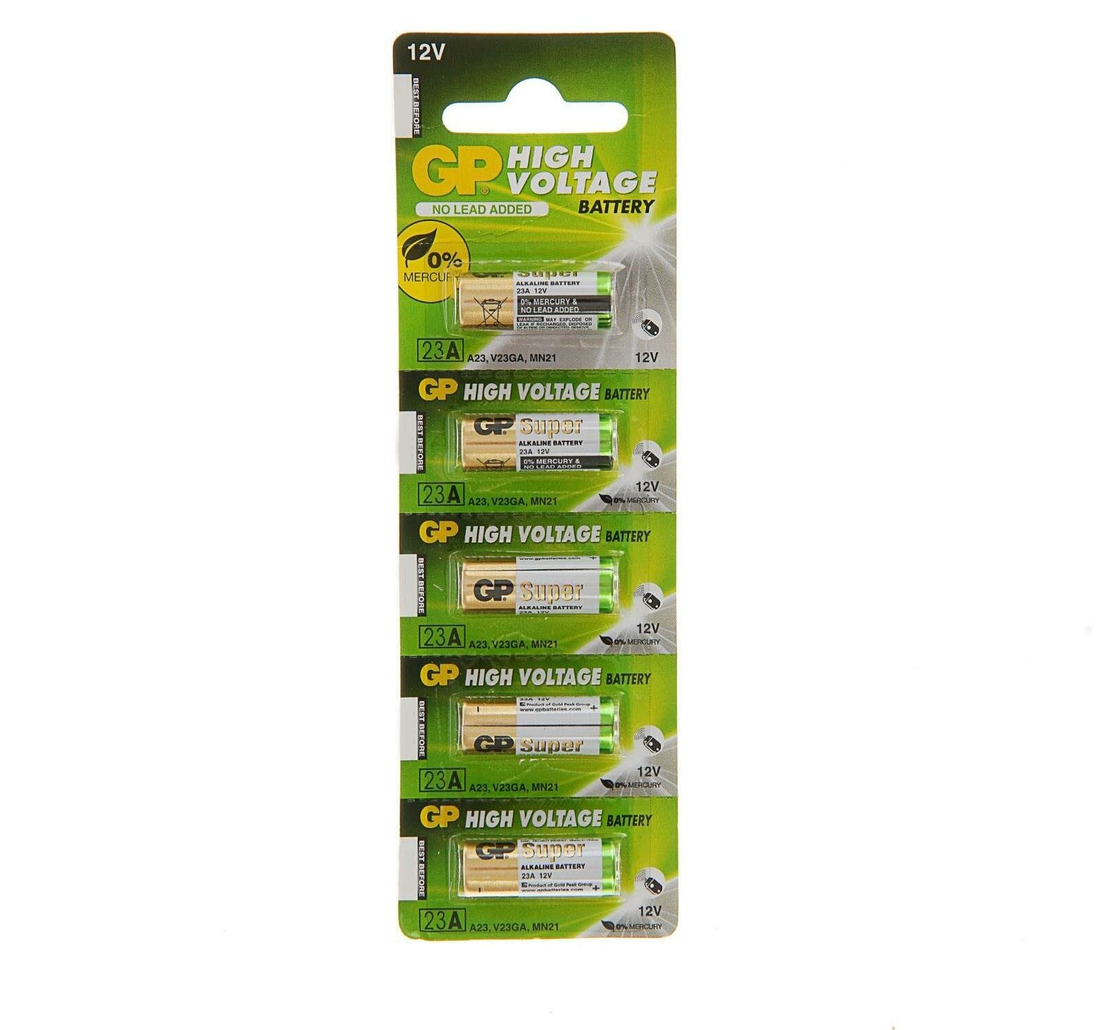 Батарейка алкалиновая GP Mercury Free, А23 (23AF, V23GA, MN21)-5BL, 12В, блистер, 5 шт.