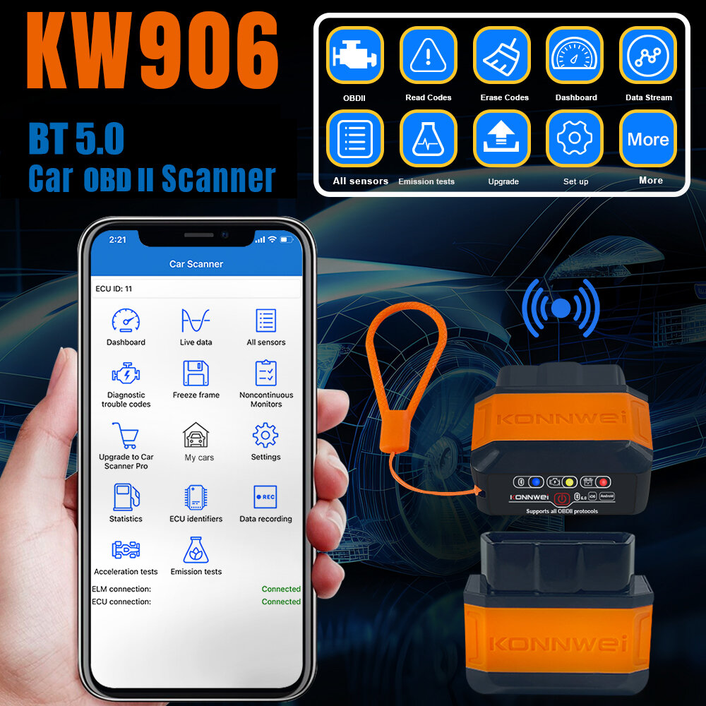 Беспроводной OBD2 сканер KONNWEI KW906 BT 5.0 для iOS/Android