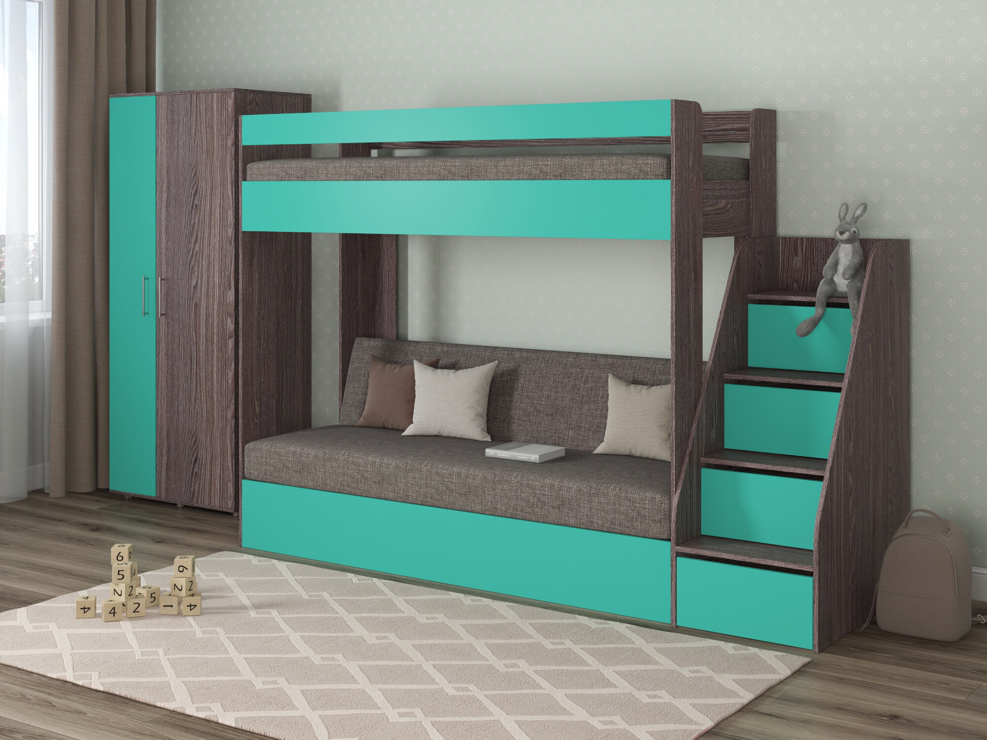 Кровать двухъярусная с диваном, матрасом и комодом Есэндвич Лаворо (Анкор тёмный/Аква/Savana Latte)