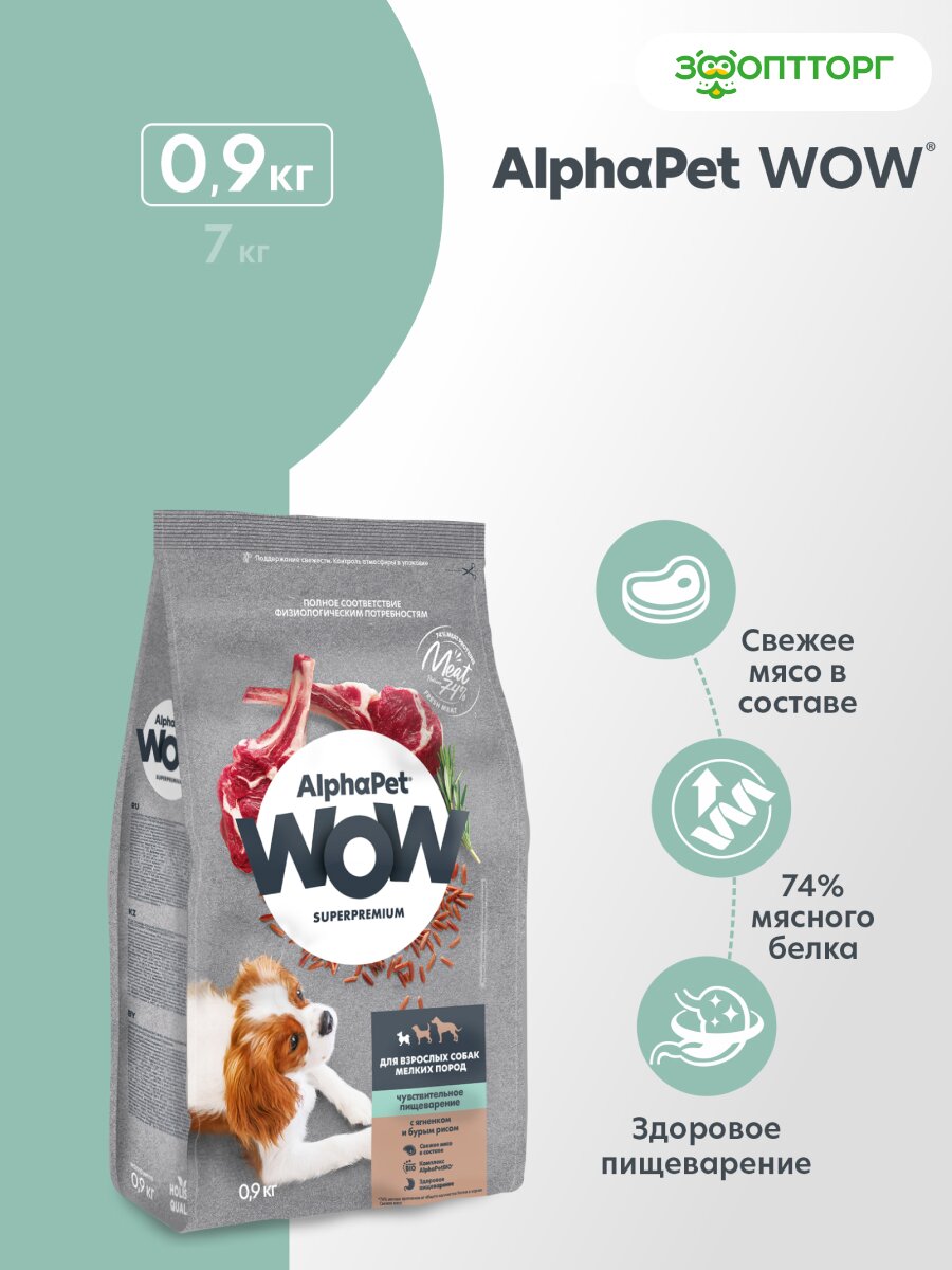 Сухой корм AlphaPet WOW Superpremium для взрослых собак мелких пород с чувствительным пищеварением, с ягненком и рисом, 900 гр