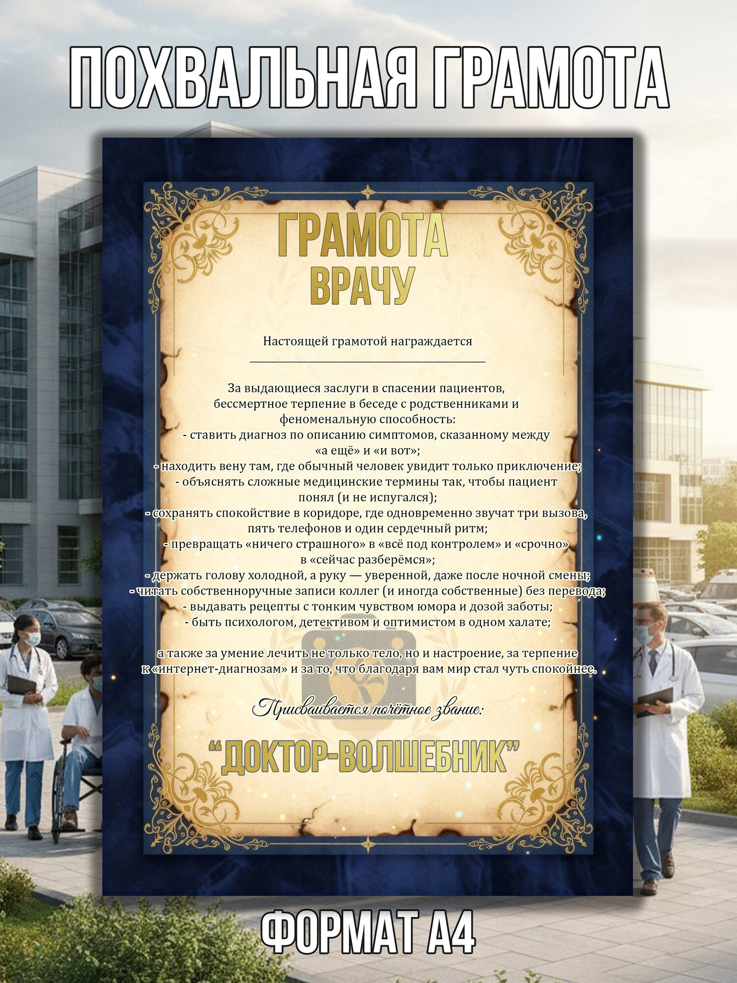 Похвальная грамота врачу А4