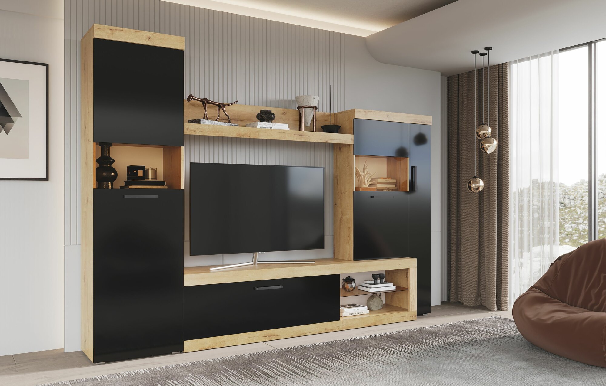 Гостиная Бастон Корпус Дуб Вотан + Фасад Черный глянец (Эра)